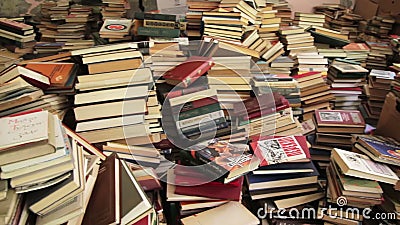 Pile of Books Scattered on the Floor in the Library Stock Footage ...