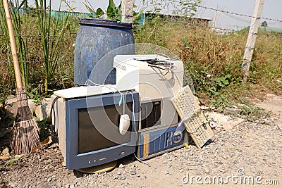 Pile Of Old Computers Were Thrown Around Beside The Trash, Electronic ...