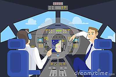 Pilot In Cockpit Smiling. Control Panel In Airplane Vector Illustration ...