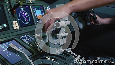 Pilot Holding Hand on the Thrust Lever Handle for Engine Control of ...