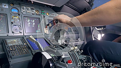 A Pilot Pulls a Lever in a Plane. Man Uses a Lever To Pilot a Plane ...