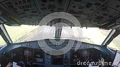 Pilots Land the Plane on the Runway. View from Inside the Cockpit of a ...