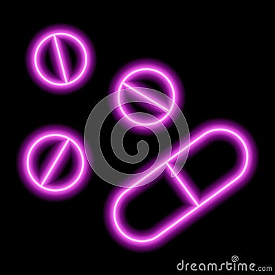 Pink Neon Contour Of Three Tablets And Capsule On A Black Background ...