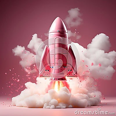 Pink Rocket Plain Background. The Shuttle Takes Off, Releasing Clouds ...