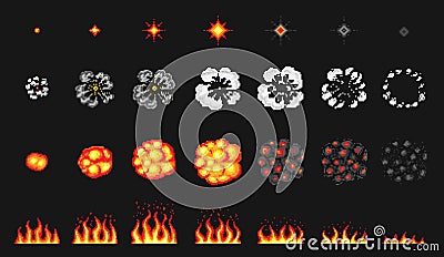Pixel Art 8 Bit Fire Objects. Nuclear Explosion. Game Icons Set. Comic ...