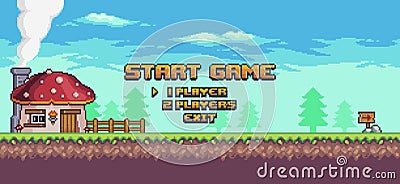 Pixel Art 8bit Game Home Screen. Landscape Start Game Background Vector ...