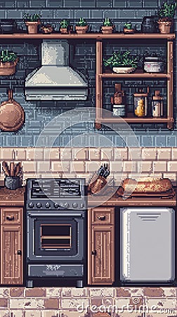 Pixel Art Kitchen Set With Stoves Refrigerators And Cabinets. Royalty ...