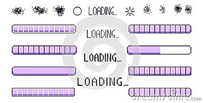 Pixel Art Loading Bar Interface. 8 Bit Game Progress Button Elements Set And Vector Illustration ...