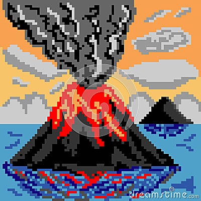 Pixel Art With Volcano Mountain Cartoon Vector | CartoonDealer.com ...