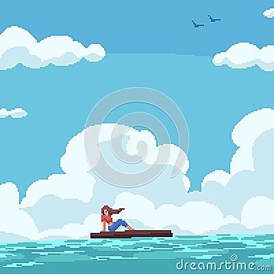 Pixel Art Woman Raft Sea Vector Illustration | CartoonDealer.com #287380668