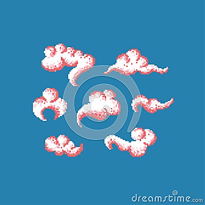 Pixel Clouds. Set Of Different Clouds Isolated On Blue Background ...