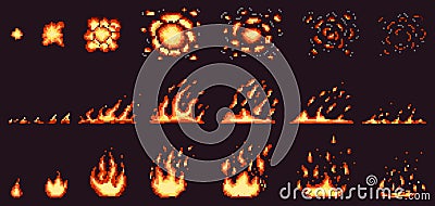 Pixel Fire Animation. Red Hot Flame, Burning Effect Fire Border And ...