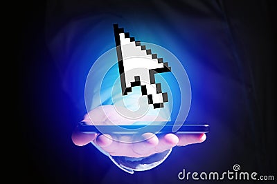 Pixeled Black And White Mouse Pointer Displayed On A Futuristic Stock ...