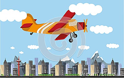 Plane Over The City Cartoon Vector | CartoonDealer.com #71722149