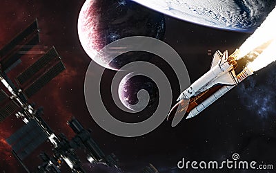 Planets In Deep Space. Space Shuttle In Planetary Orbit. Flying Space ...