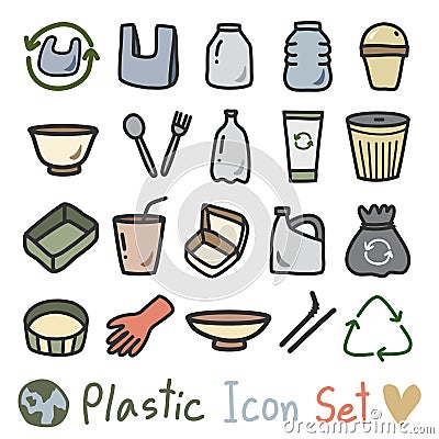Plastic Icon Set Hand Drawn Line Vector Illustration | CartoonDealer ...