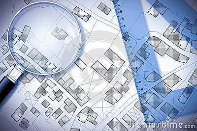 Plastic Set Square And Magnifying Glass Over An Imaginary Cadastral Map ...
