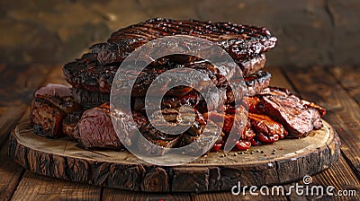 Wooden Slab With A Stack Of Several Grilled Steaks. Generative AI ...