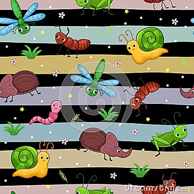 A Playful Seamless Pattern With Insects And A Snail On A Striped Pastel ...