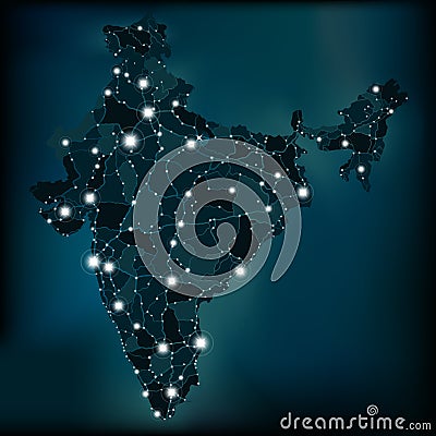 Political Night Map Of India With Lights Cartoon Vector | CartoonDealer ...