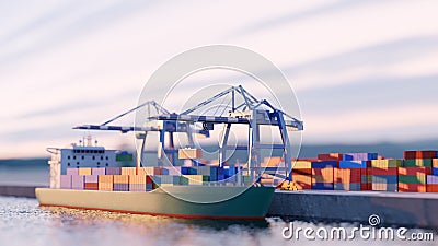 Port Cranes Loading Containers On A Cargo Ship At The Port. Tilt-shift ...