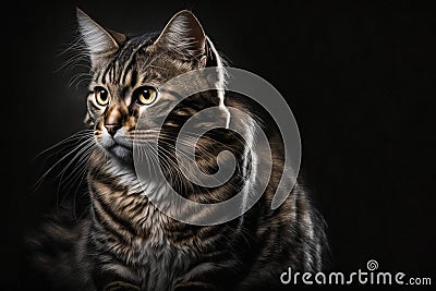 Portrait Of A Furry, Calm Cat Posing On A Black Background. Ai ...