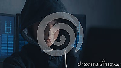 Portrait of a Genius Boy Hacker Prodigy in the Hood Working on Computer ...