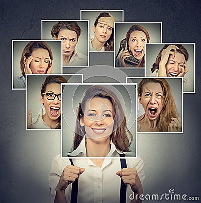 Happy Masked Woman Expressing Different Emotions Stock Image - Image of ...