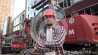 Portrait of Proud Builder at Construction Site. Constructor with Excavator Prepared To Start ...