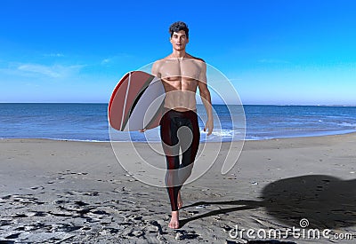 3D Render : The Portrait Of A Young Mesomorph Man With A Surf Board ...