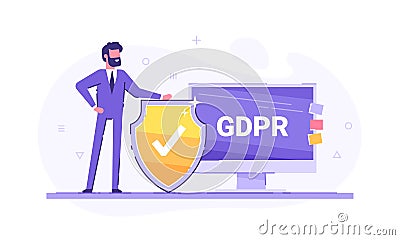 Positive Cartoon Character With A Shield In Front Of Pc Monitor With GDPR Caption. GDPR ...