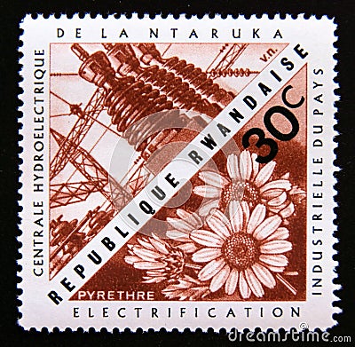 Postage Stamp Rwanda, 1967. Transformer And Chrysanthemums Pyrethrum ...