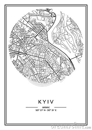 Black And White Printable Kyiv City Map, Poster Design. Vector ...