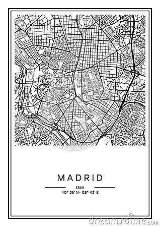 Black And White Printable Madrid City Map, Poster Design. Cartoon ...
