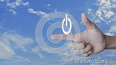 Power Button Flat Icon on Finger Over Blue Sky with White Clouds, Start ...