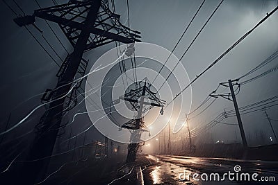 Power Line With Broken Insulators And Electrical Sparks Flying In ...