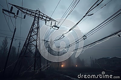 Power Line With Broken Insulators And Electrical Sparks Flying In ...