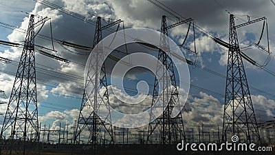 Power Line with Cloudy Sky on Background 4k Stock Footage - Video of ...