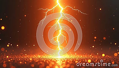 Powerful Orange Lightning Bolt Strikes Dark Background. Bright Electric ...