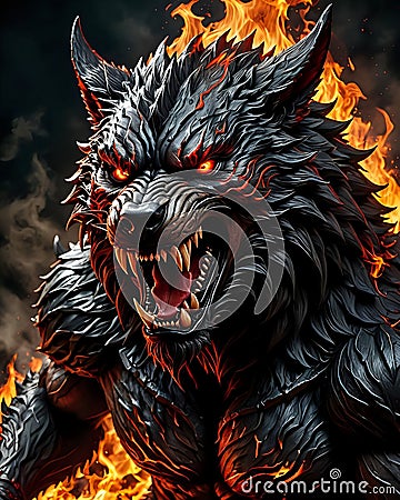 Powerful Strong Vicious Evil Demon Werewolf With Flaming Hell Fire ...