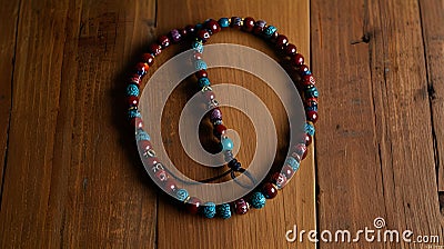 A Prayer Bead String Laid Out In A Spiral Pattern On A Wooden Surface ...