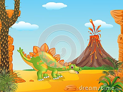 Prehistoric Scene With Stegosaurus Cartoon Vector Illustration ...