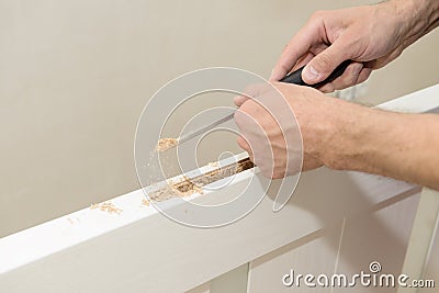 Preparing A Seat For Door Lock Using A Chisel Stock Photo ...