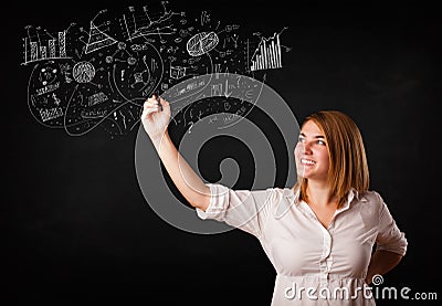 Pretty Girl Sketching Graphs And Diagrams On Wall Stock Image ...