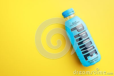 Prime Hydration Drink. Bottle Drink On Yellow Backgound Editorial Image ...