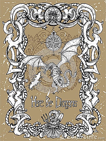 Fable Dragon Snorting Fire With Compass In Old Baroque Nautical Frame ...