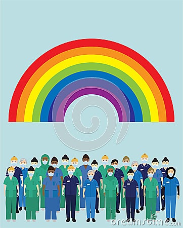 NHS Hospital Staff Wearing Face Masks, Standing Below A Rainbow Cartoon ...