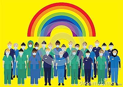 NHS Hospital Staff Wearing Face Masks, Standing Below A Rainbow Vector ...