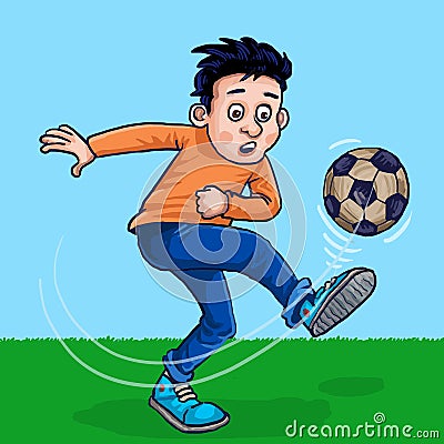 A Boy Kicked The Football In The Field Cartoon Vector | CartoonDealer ...