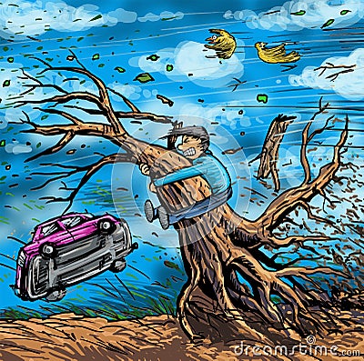 Strong Winds Pushing The Tree And The Car Cartoon Vector ...